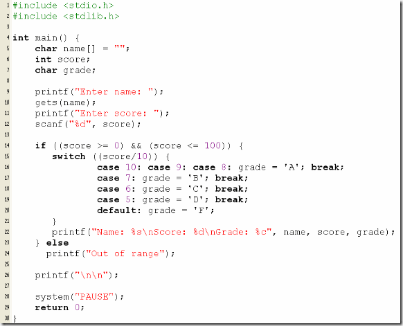 Arja A: C: การเขียนโปรแกรมคิดเกรด โดยใช้ switch